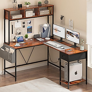 Yoobure L Shaped Desk with LED Strip & Power Outlet, Reversible L-Shaped Computer Desk, Corner Desks Home Office Desk with Drawer, Gaming Desk