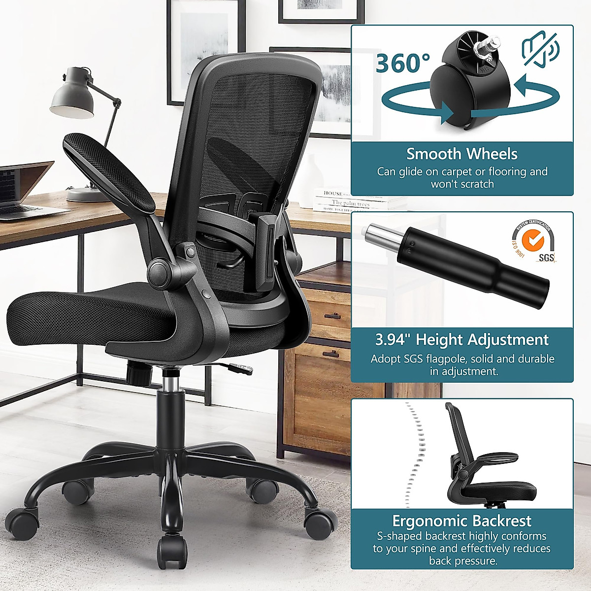 MINLOVE Office Chair Ergonomic Desk Chair with Adjustable Lumbar Support and Height, 90° Flip-up Armrests, Ergo Desk Chairs with Wheels, 360° Swivel Mesh Chair, Home Work Use (Black)