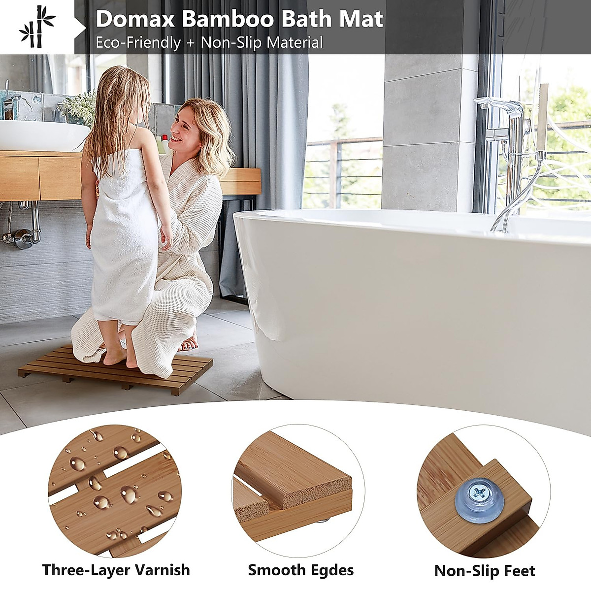 Domax Wooden Bamboo Bath Shower Mat- Non-Slip Waterproof Large Bathroom Floor Mat for Indoor Outdoor (Walnut, 21.26 x 14.17 x 1.3 Inches)