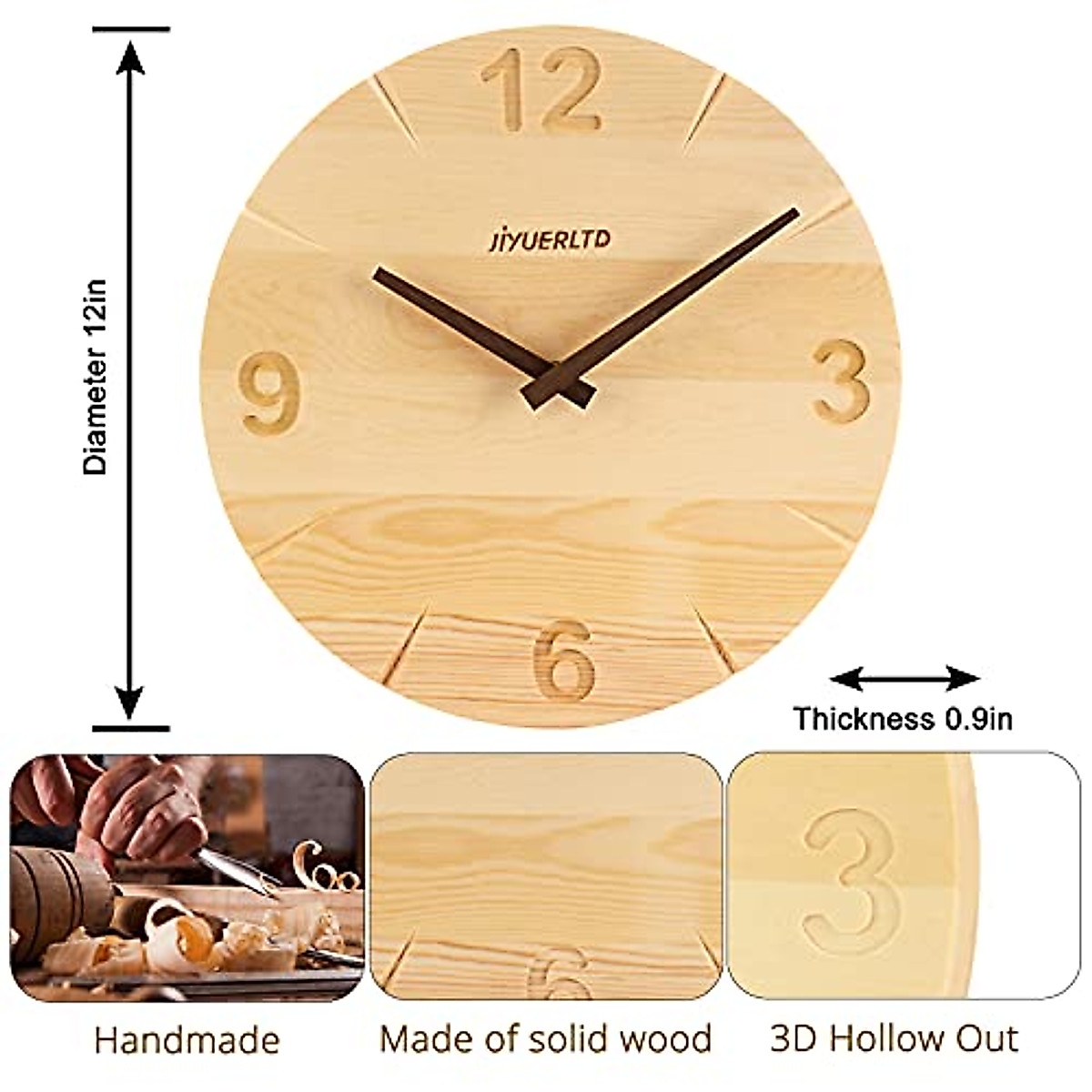 JIYUERLTD Modern Solid Wood Clock - 12“ Silent Wall Clock,Decorative Clock for Bedroom, Living Room, Kitchen, Office and Hotel