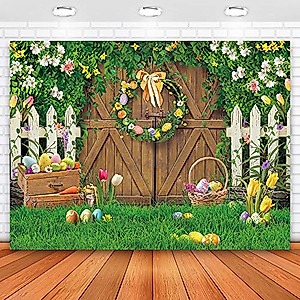 Maijoeyy 7x5ft Spring Easter Backdrop Wood Barn Door Green Grass Easter Photoshoot Background Easter Backdrops for Photography Spring Flowers Easter Photo Backdrop for Kids Easter Party