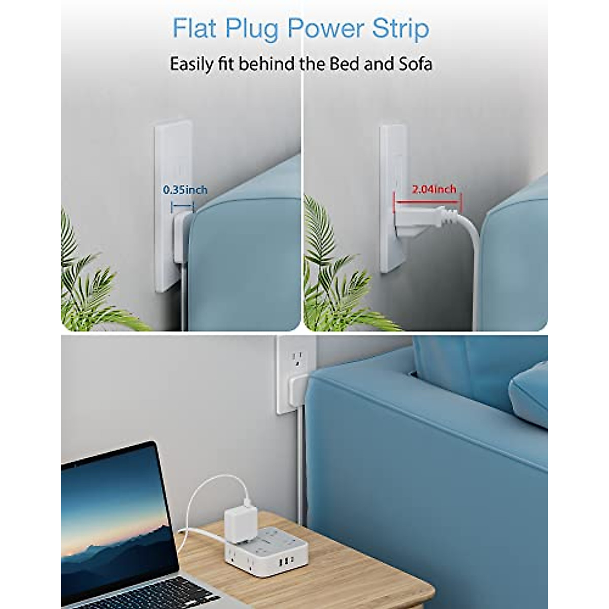 Ultra Thin Flat Extension Cord, Flat Plug Power Strip with USB C, 8 Widely Outlets, 3 USB Charger(1 USB C Port), 5 Ft, 900 Joules Surge Protector, Office Supplies, Travel, Dorm Room Essentials