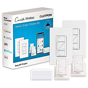 Lutron Caseta Deluxe Smart Dimmer Switch (2 Count) Kit with Caseta Smart Hub | Works with Alexa, Apple Home, Ring, Google Assistant | P-BDG-PKG2W | White