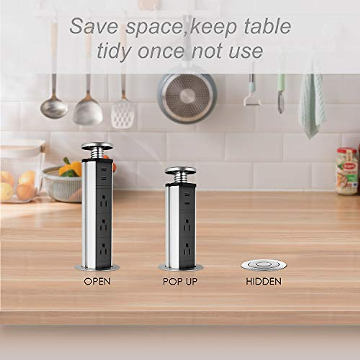 Pop Up Outlet for Kitchen Countertop,2.5" Hole Size Grommet Power Pop Out Outlet with USB,Pulling Pop Up Socket for Home,Office Worktop,Telescoping Power Solution,6ft Power Cord