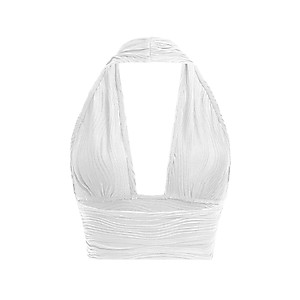 SOFIA'S CHOICE Women's Textured Deep V Neck Halter Tops Sexy Backless Sleeveless Crop Tank Top Cami White Small