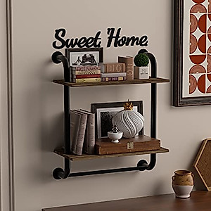 Bathroom Shelves Wall Mounted, Industrial Pipe Shelving 2-Tier, Rustic Farmhouse Shelves for Wall Decor, Floating Bathroom Shelf Over Toilet with Towel Bar for Kitchen, Bedroom, Living Room 17.3 inch