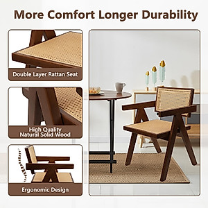 CLATINA Rattan Reading Chair for Bedroom Comfy Indoor Kitchen Dining Chair with Rattan Backrest Armrest Morden Upholstered Seat Wood Chair for Home Living Room Farmhouse Restaurant(1PK)