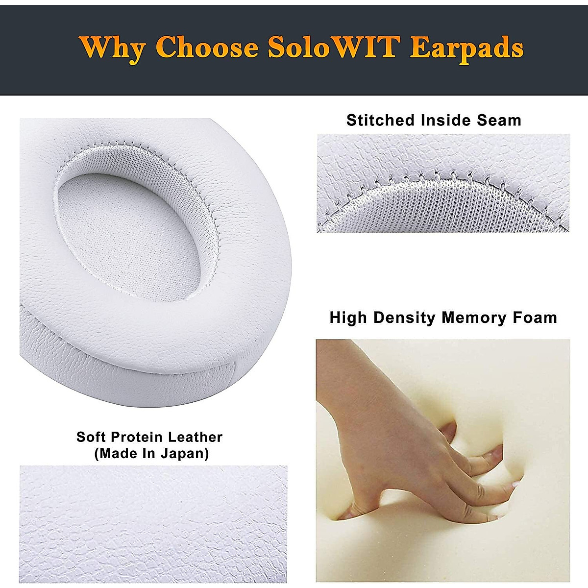 SoloWIT Earpads Cushions Replacement for Beats Solo 2 & Solo 3 Wireless On-Ear Headphones, Solo2 Solo3 Ear Pads with Soft Protein Leather, Added Thickness - (White)