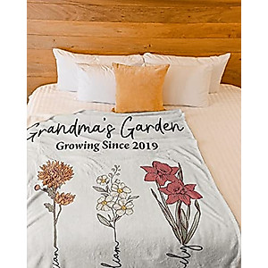 Love Signal Grandma's Garden Personalized Mom Blanket with Kids Names, Grandma Garden Blanket, Mothers Day Christmas Blanket Gifts, Custom Birth Month Flower Blanket for Nana Mimi Gigi