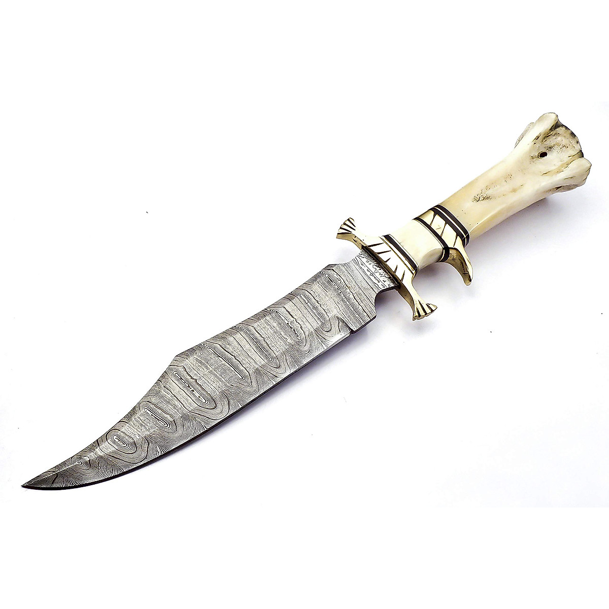 HandSmith™ 15" Handmade Damascus Steel Hunting Knife, Hand Forged Damascus Steel Fixed Blade Bowie Knife, Genuine Leather Sheath, Camel Bone Handle Firm Grip (White)