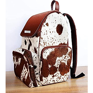 SpazeUp Cowhide diaper bag backpack - Cowhide Backpack Hair On Brown and White Knapsack Travel Shoulder Bag Dark Brown & White
