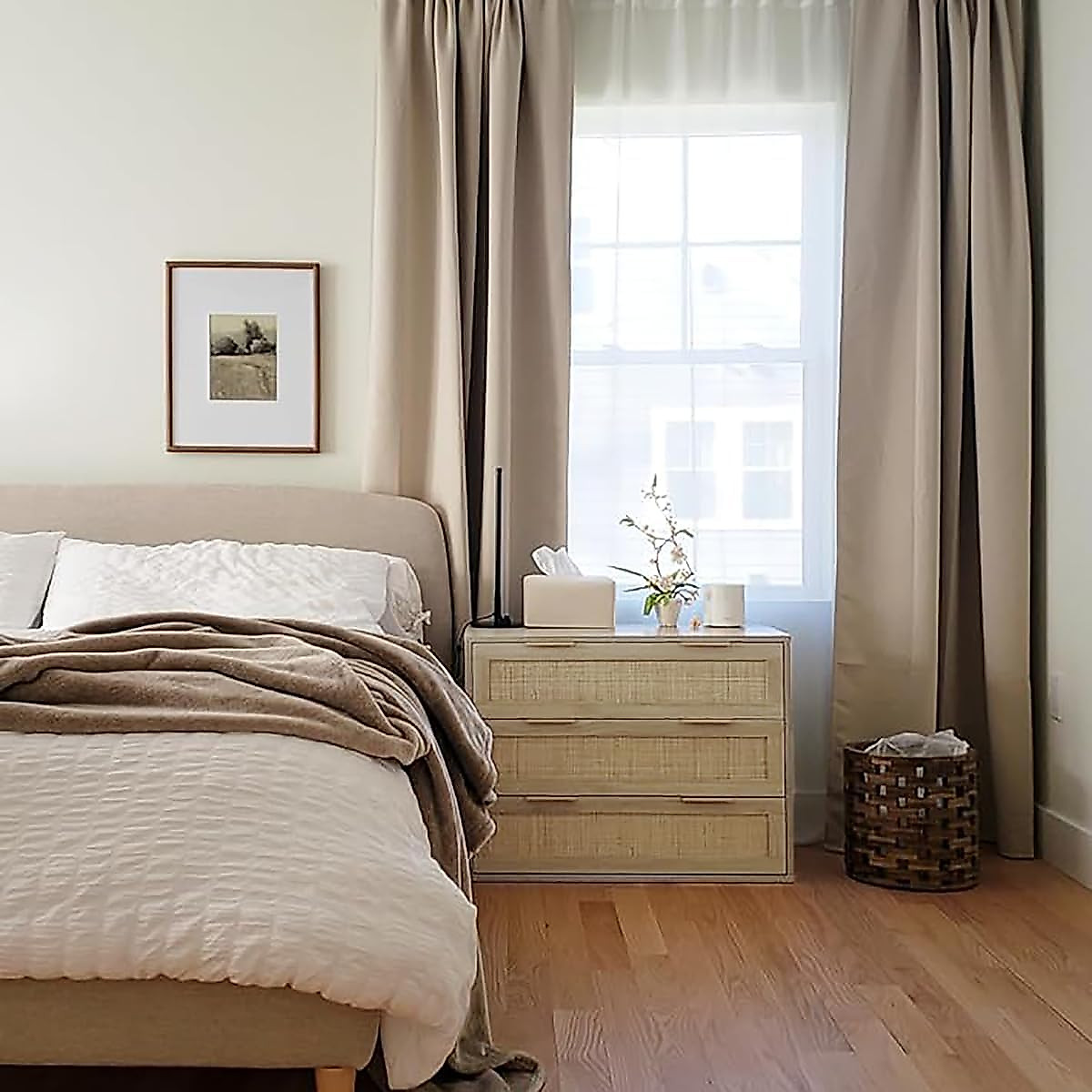 HOPUBUY Large Nightstand Set of 2 with Rattan Drawer, Modern 3 Drawer Night Stand for Bedroom, Wooden Bedside Table for Queen Size and King Size Bed,Oak