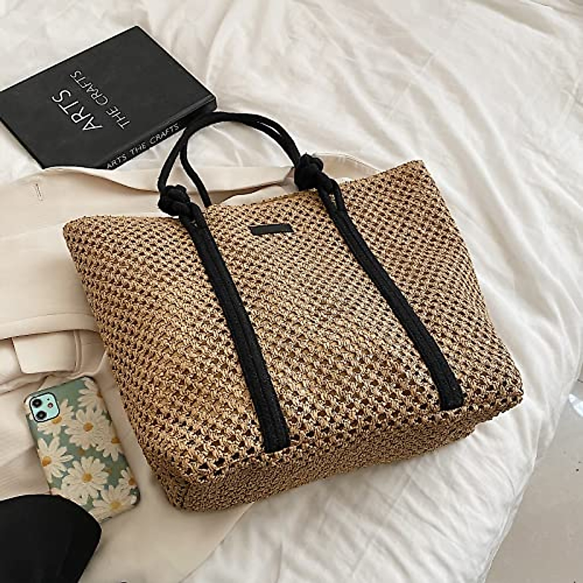 OWGSEE Straw Beach Bag, Summer Woven Tote Bag Large Shoulder Handbag Straw Purses and Handbags for Women Vacation (Khaki)