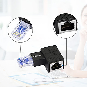 RIIEYOCA 90 Degree Ethernet Adapter,Right Angle RJ45 Male to Female Extension Cat6 LAN Network Connector,for Computers, Laptops, Routers(2-Pack)