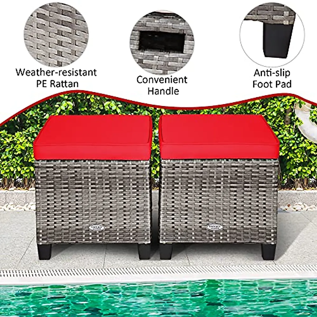 Tangkula 2 Pieces Patio Rattan Ottomans, Outdoor Wicker Footstool Footrest Seat with Soft Cushions and Steel Frame, All-Weather Patio Ottoman Set for Backyard Garden Poolside (Red)