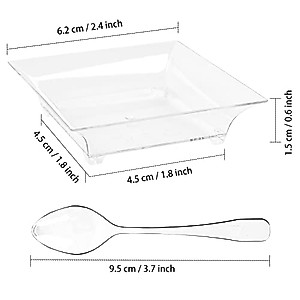 Qeirudu 100 Pack 1 oz Mini Plastic Plates for Appetizers - Small Dessert Plates with Spoons Reusable Square Appetizer Bowls Tiny Individual Serving Trays