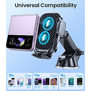 MOKPR Wireless Car Charger, 𝟮𝟬𝟮𝟯 𝗡𝗲𝘄 Dual Coils Phone Mount for Car Wireless Charger, Dash Windshield Air Vent Automatic Phone Holder Fast Charging for Samsung Z Flip 5/4/3 Galaxy S23 iPhone 15