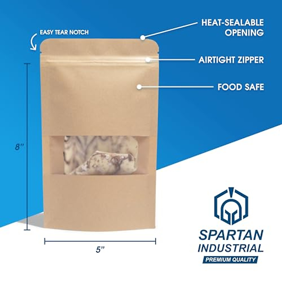 Spartan Industrial - 5" X 8" Kraft Zip Top Food Storage Bags - Pack of 100 Smell-Proof Resealable Pouches for Packaging Coffee, Tea, Spices, Snacks, and More