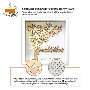 Tasse Verre 12x12 Grandchildren Shadow Box Kit - Family Tree Gift for Grandparents Grandma Grandpa with 7 Hearts and 40 Gems. Gift for Grandparents Grandchild Grandkid Nana Mimi Mothers Day
