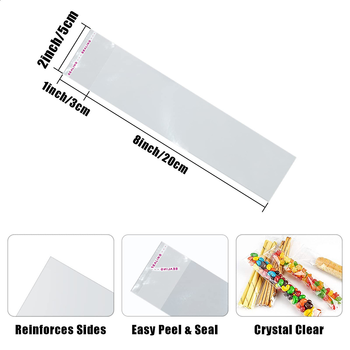 Cellophane Bags, Treat Bags, Clear Cellophane Gift Bags, Self Adhesive Sealing Plastic Gift Bags, Resealable Cellophane Bag for Pretzel rods, Candy, Snack 2 x 8 Inch pretzels individual bags 100 Pcs