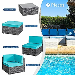 Walsunny 7pcs Patio Outdoor Furniture Sets,Low Back All-Weather Silver Gray Rattan Sectional Sofa with Tea Table&Washable Couch Cushions&Ottoman,Blue