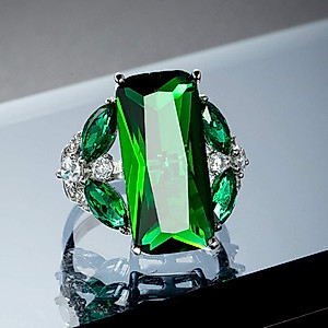 Hsitgexf Huge Lab-Grown Green Gemstone Ring Emerald Cut CZ Cubic Zirconia with Marquise Side Stones Fashion Women's Wedding Engagement Anniversary Ring (US size 6)