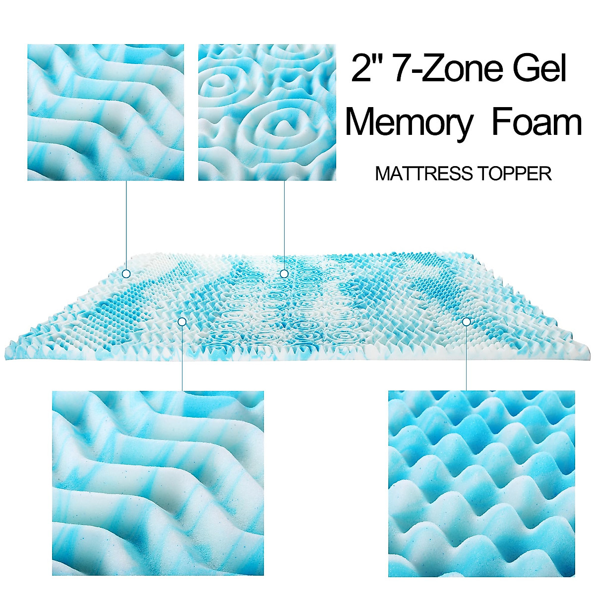 Askme 2 Inch 7-Zone Queen Memory Foam Mattress Topper, Cooling Gel Foam Mattress Topper for Pressure Relief,Bed Topper in a Box CertiPUR-US Certified, Queen Size