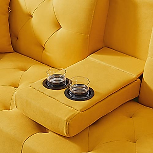 Eafurn Linen Upholstered Convertible Folding Futon Bed, Button Tufted Loveseat Compact Living Space, Apartment, Dorm, Bonus Room w/Metal Legs, 2 Cupholders,Comfy Sofa & Couches, Yellow 75.59"