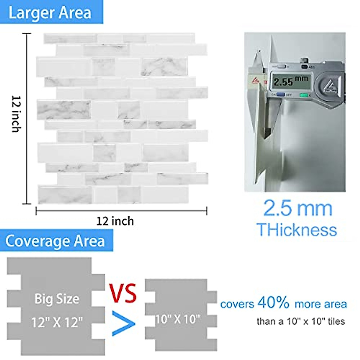 WalDecoo Marble Peel and Stick Backsplash for Kitchen, Thicker Design Self Adhesive Wall Tiles Stick on Backsplash, Marble Look Decorative Tiles (10 Tiles, 12”× 12”)