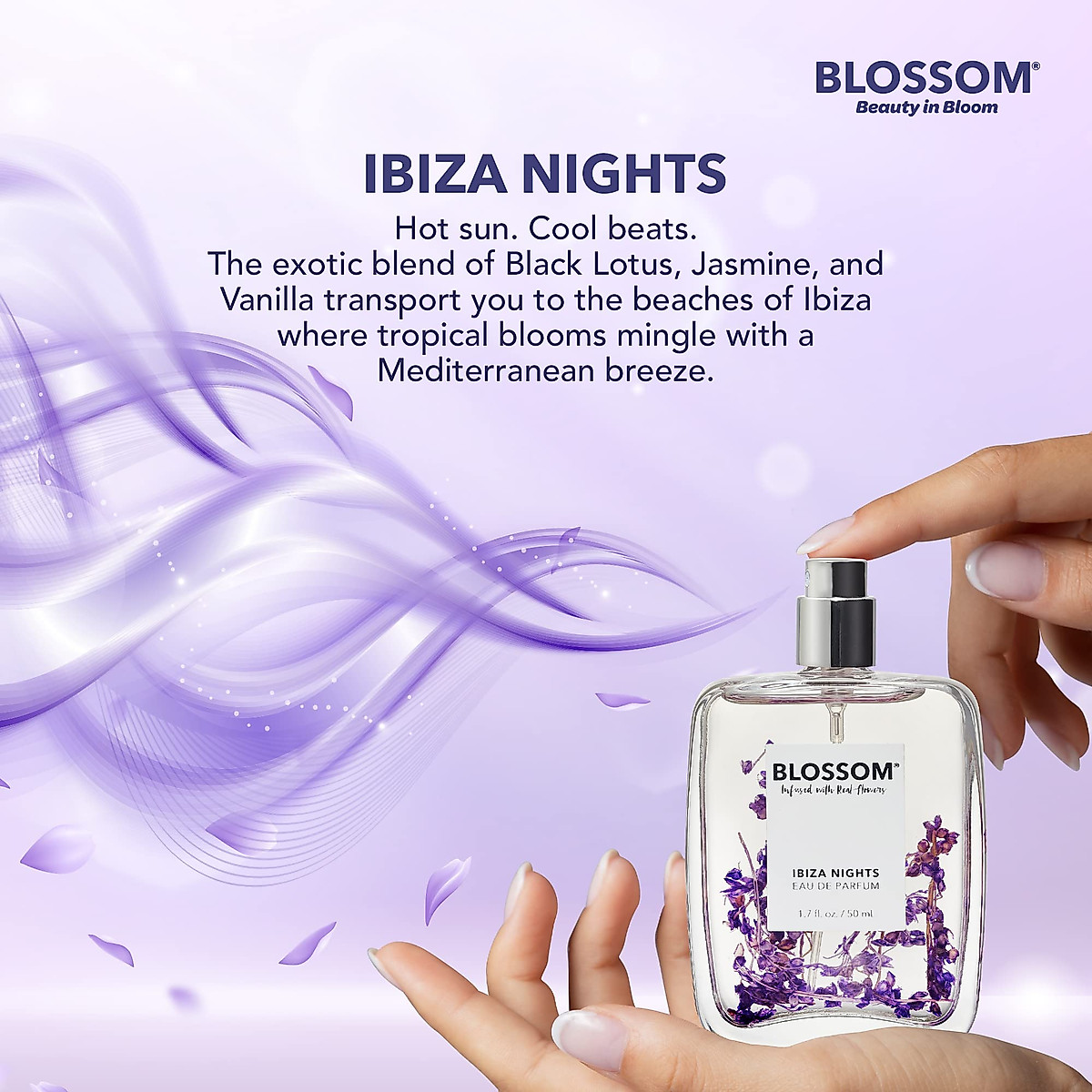 Blossom Unisex Eau De Parfum, Cruelty Free & Vegan Fragrance, Plant-based Perfume Spray with Real Flowers, Made in USA, 1.7oz, (Black Lotus, Jasmine, Vanilla, Mango, Spiced Blackberry), Ibiza Nights