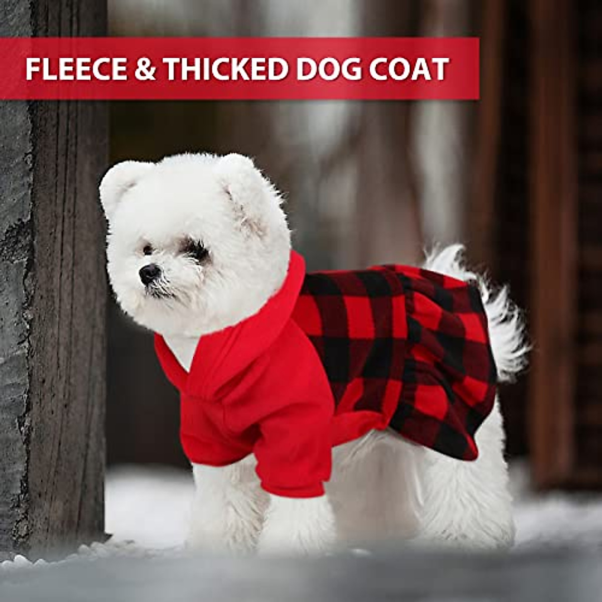 SAWMONG Fleece Dog Hoodie Dresses, Classic Plaid Hooded Puppy Dog Winter Clothes with D-Ring, Thermal Skirt Girl Doggie Vest Sweater Outfits Coat Cat Sweatshirt Apparel, Red and Black, XX-Small