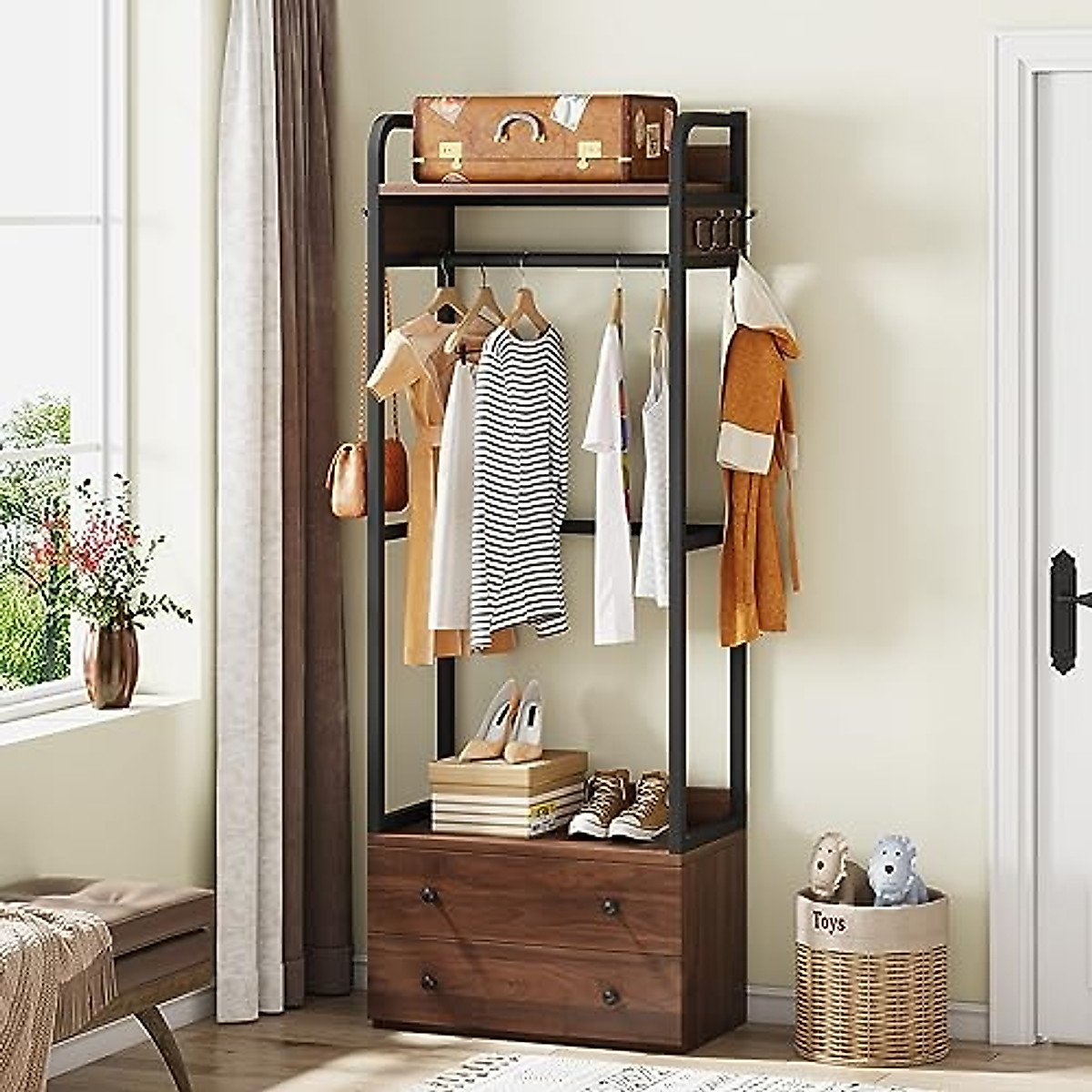 LITTLE TREE 75 inch Tall Freestanding Closet Organizer Small Clothes Rack Coat Rack with Drawers and Shelves, Heavy Duty Small Garment Rack Industrial Hall Tree for Hallway Entryway Bedroom