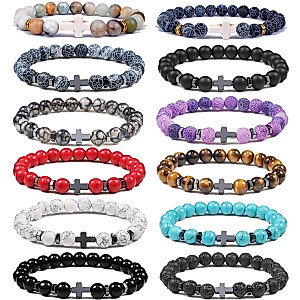 Jewdreamer 12Pcs 8MM Cross Beads Bracelet for Men Women Lava Rock Gemstone Bracelet Tiger Eye Stone Howlite Crystal Stretch Bracelet Set