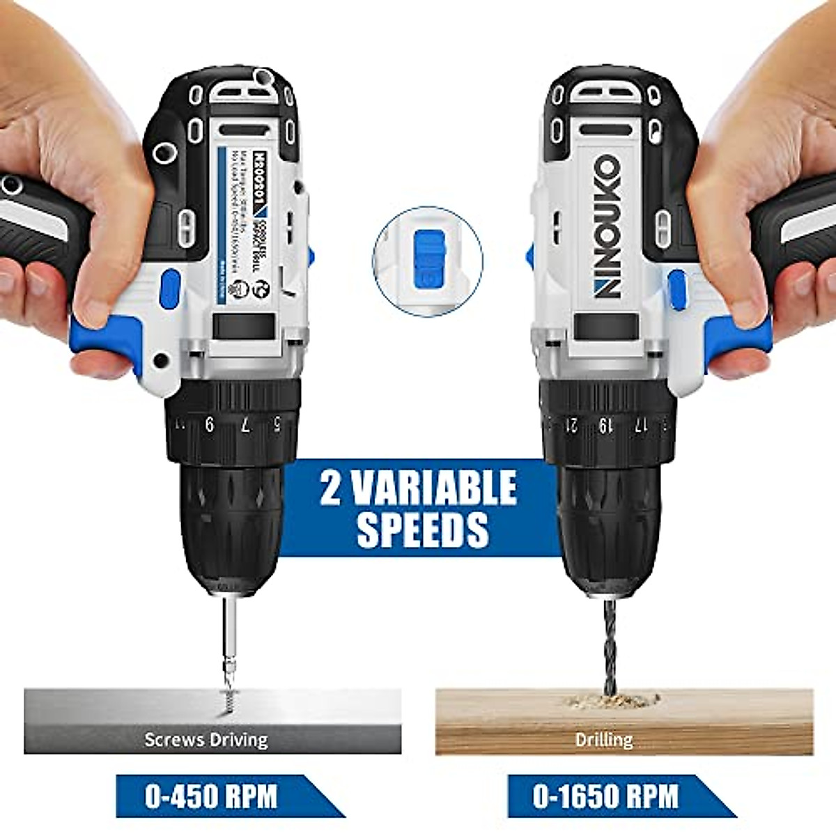 NINOUKO Cordless Power Drill, 20V Electric Impact Drill Driver Set with Battery and Fast Charger, 2 Variable Speed, 23+1+1 Torque Setting, MAX 300 In-lbs, LED and 42pcs Drill Bits Set