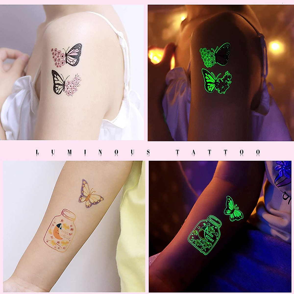 Ooopsiun Luminous Butterfly Temporary Tattoos for Girls - 12 Sheets Glow in The Dark Butterfly Stickers Party Favors Decorations for Kids Girls