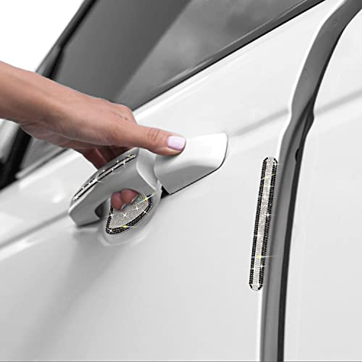 8PCS Car Door Handle Bling Rhinestones Stickers Universal Auto Door Handle Scratch Cover Guard Protective Film Pad with Safety Reflective Strips (Black & Sliver Set)