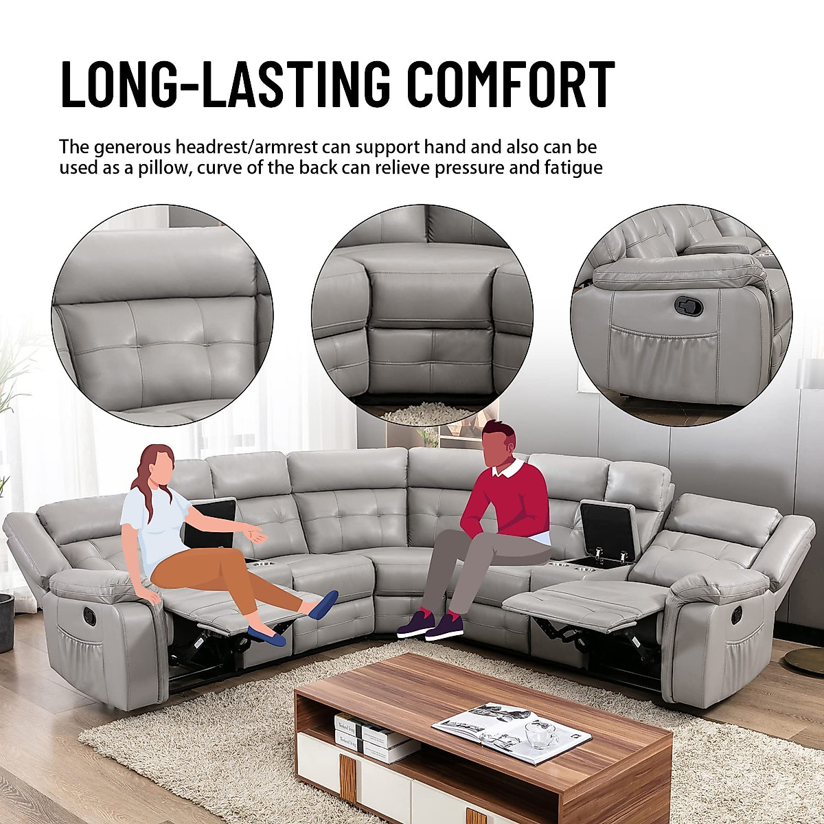 Nathaniel Home PU Leather Sectional Sofa Set with 2 Consoles Fashion Living Room Recliner Chair with Storage Box, L-Shaped Corner Couch with Cup Holders, Foggy Grey