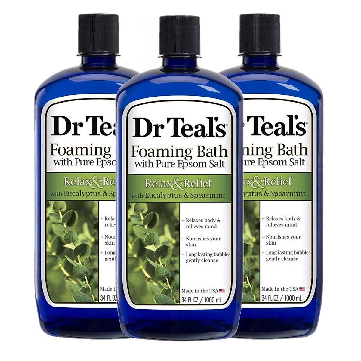 Dr. Teal's Eucalyptus & Spearmint Foaming Bath Gift Set (3 Pack, 34oz Ea.) - Relax & Relief Eucalyptus & Spearmint Blended with Pure Epsom Salt - Relieve Stress & Calm The Mind & Senses