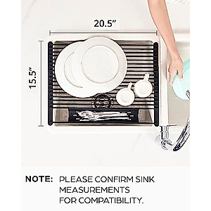 Large Dish Drying Rack for Kitchen Sink - Over Sink Dish Drying Rack to Dry Dishes & Drain Items - Modern & Stylish Dish Rack Set with Extra Side Tray - Space-Saving Roll-Up Counter Drainboard - Black