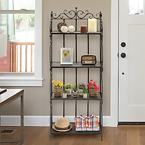 MyGift Black Metal Freestanding Shelf Rack, Decorative Bakers Rack Bookshelf Storage Shelf Unit with Metal Scrollwork Frame, Indoor Plant Pot Display Stand with 4 Wood Shelves