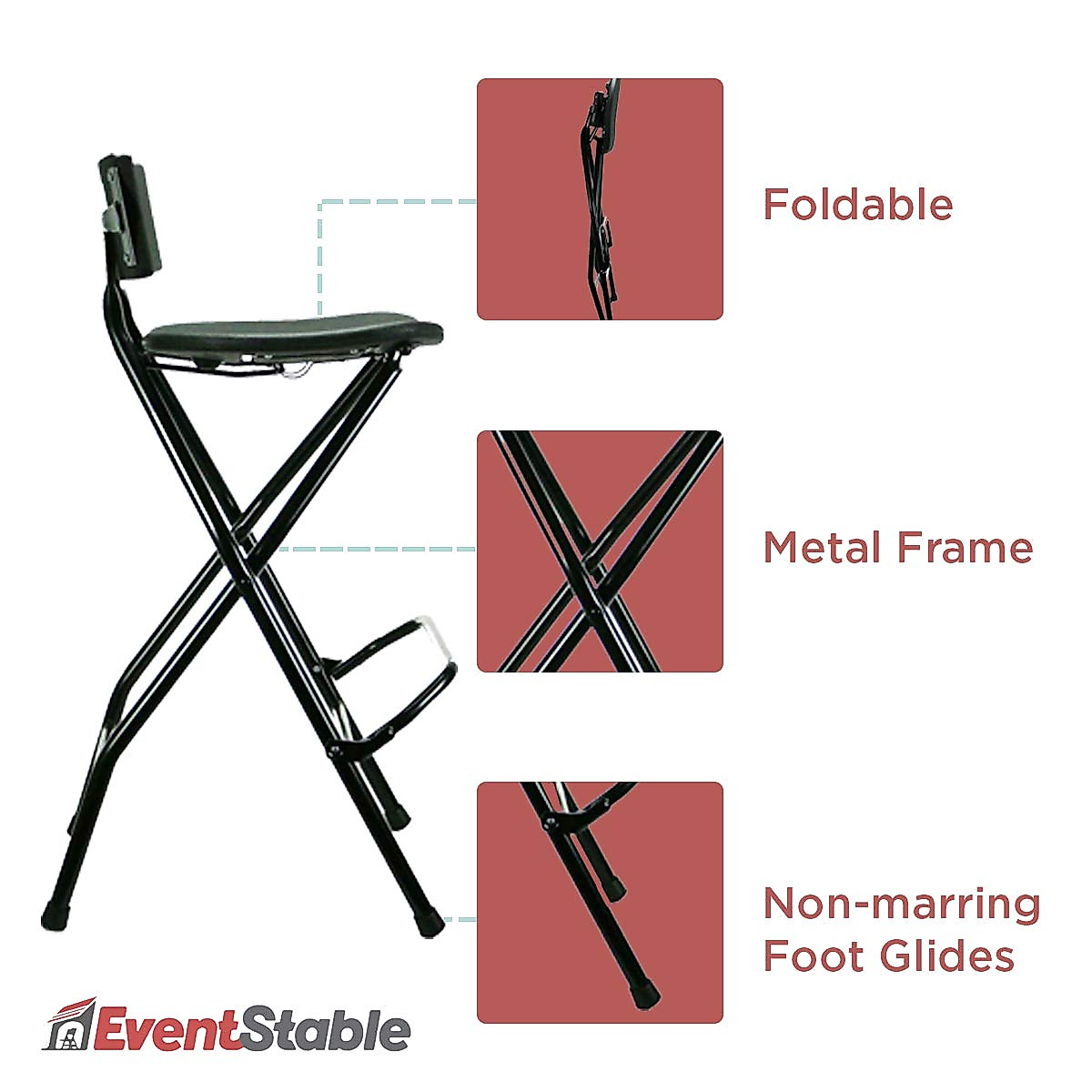 EventStable TitanPRO Folding Bar Stool with Backrest - Black Metal Frame Stool with Back Support - Durable and Sturdy Folding Stool for Outdoor Kitchen Shop Cafe - 2 Pack