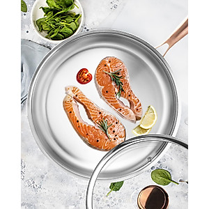 Bakpoco Tri-Ply Stainless Steel Pan with Lid, 12 inch Frying Pan Fully Clad Sauté Pan Induction-Ready Skillet Up to 600℉, 18/10 Stainless Steel Clad Pan with Copper Handle