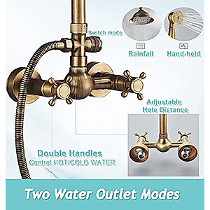 Gmusre Antique Brass Shower Faucet Fixture Wall Mount Brass Rainfall Shower Set 8 Inch Shower Head Dual Cross Handheld Shower Bathroom Shower Faucet System include Shower Shelf