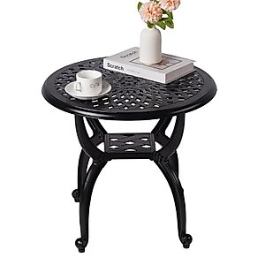 WILOUNGE Cast Aluminum Outdoor Side Table,Outdoor Coffee Table,Small Outdoor Table,Outdoor Side Tables for Patio,Garden,Balcony, for All Weather (Black, Round)