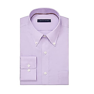 TOMMY HILFIGER Men's Non Iron Solid Button Down Collar, Frosted Lilac, 16.5" Neck 34"-35" Sleeve