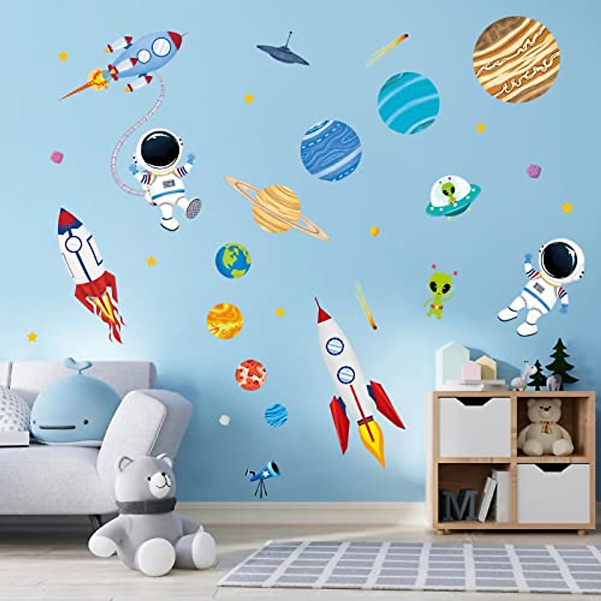 decalmile Outer Space Wall Decals Rocket Planets Astronaut Wall Stickers Baby Nursery Boys Bedroom Playroom Wall Decor