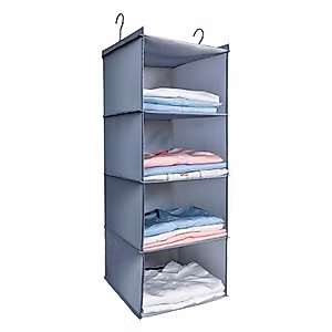 DonYeco Hanging Closet Organizer, Easy Mount Foldable 4-Shelf Hanging Closet Wardrobe Storage Shelves, Clothes Handbag Shoes Accessories Storage, Washable Oxford Cloth Fabric, Gray