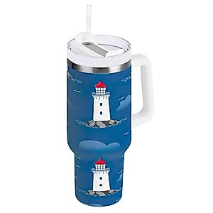RPLIFE Whimsical Sweet Lighthouse Blue Coffee Tumbler with Handle, Stainless Steel Coffee Tumbler, Cups with Lids
