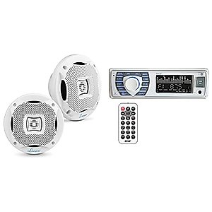 LANZAR 6.5” Dual Waterproof Marine Speakers - 400W 4Ohm Outdoor Car/Boat Radio Stereo Speakers Grill AQ6CXW & Pyle Bluetooth Marine Receiver Stereo - PLRMR23BTW (White)
