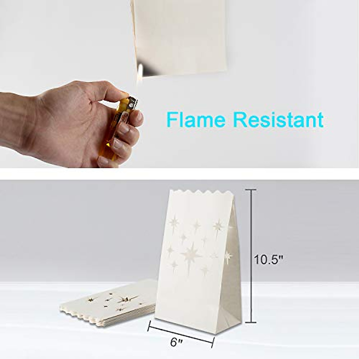 Homemory 50 PCS White Luminary Bags, Flame Resistant Candle Bags, Stars Design Luminaries for Wedding, Party, Halloween, Thanksgiving, Christmas